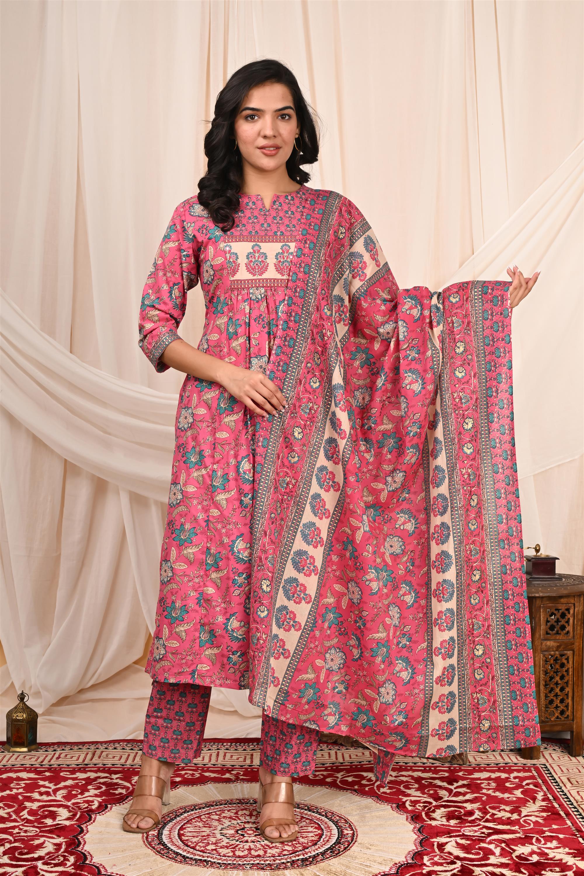 Kalpana Chamak Rani Pink Printed Cotton Suit Set – Phool Booti