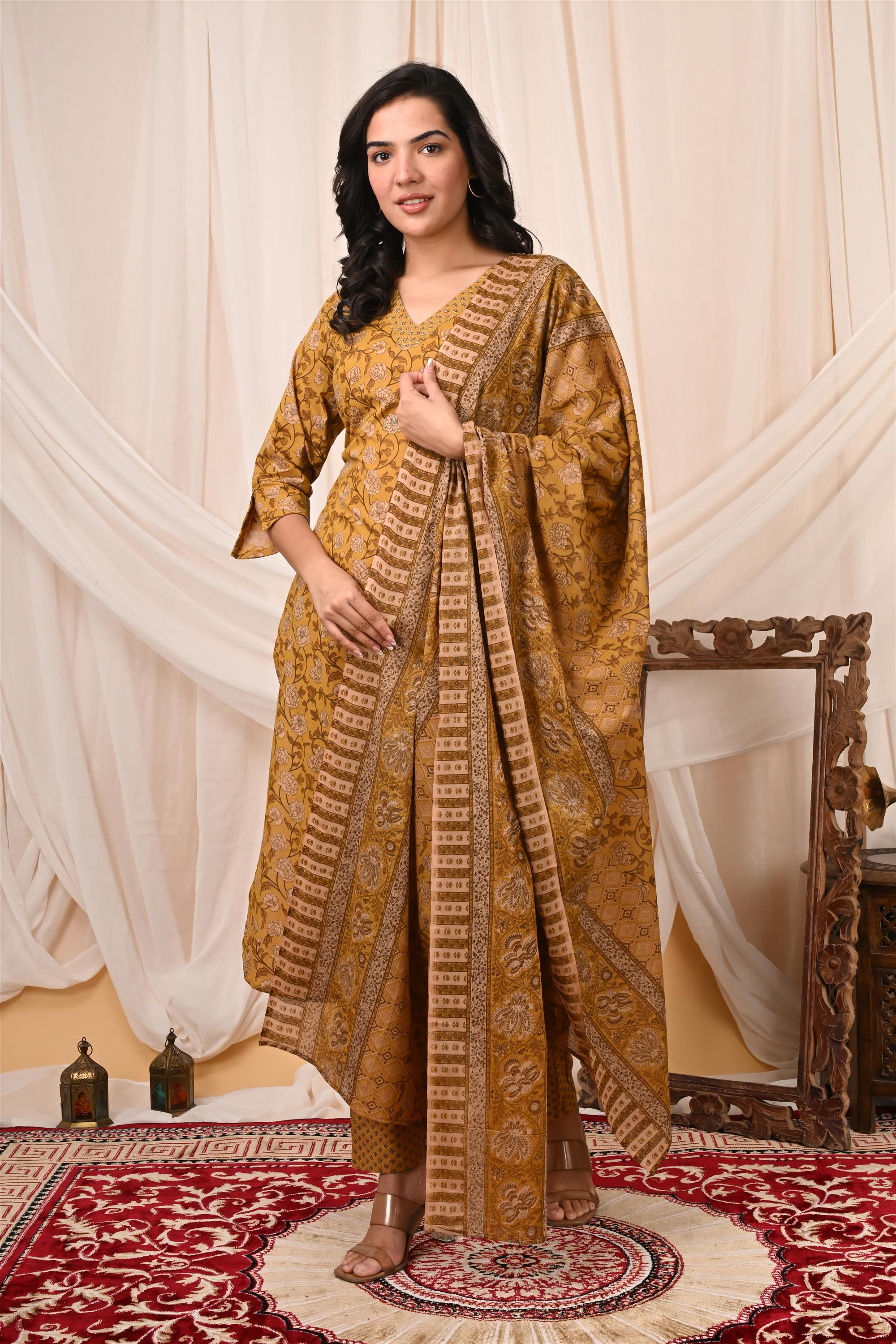 Kalpana Chhavi Mustard Yellow Printed Cotton Suit Set – Phool Booti
