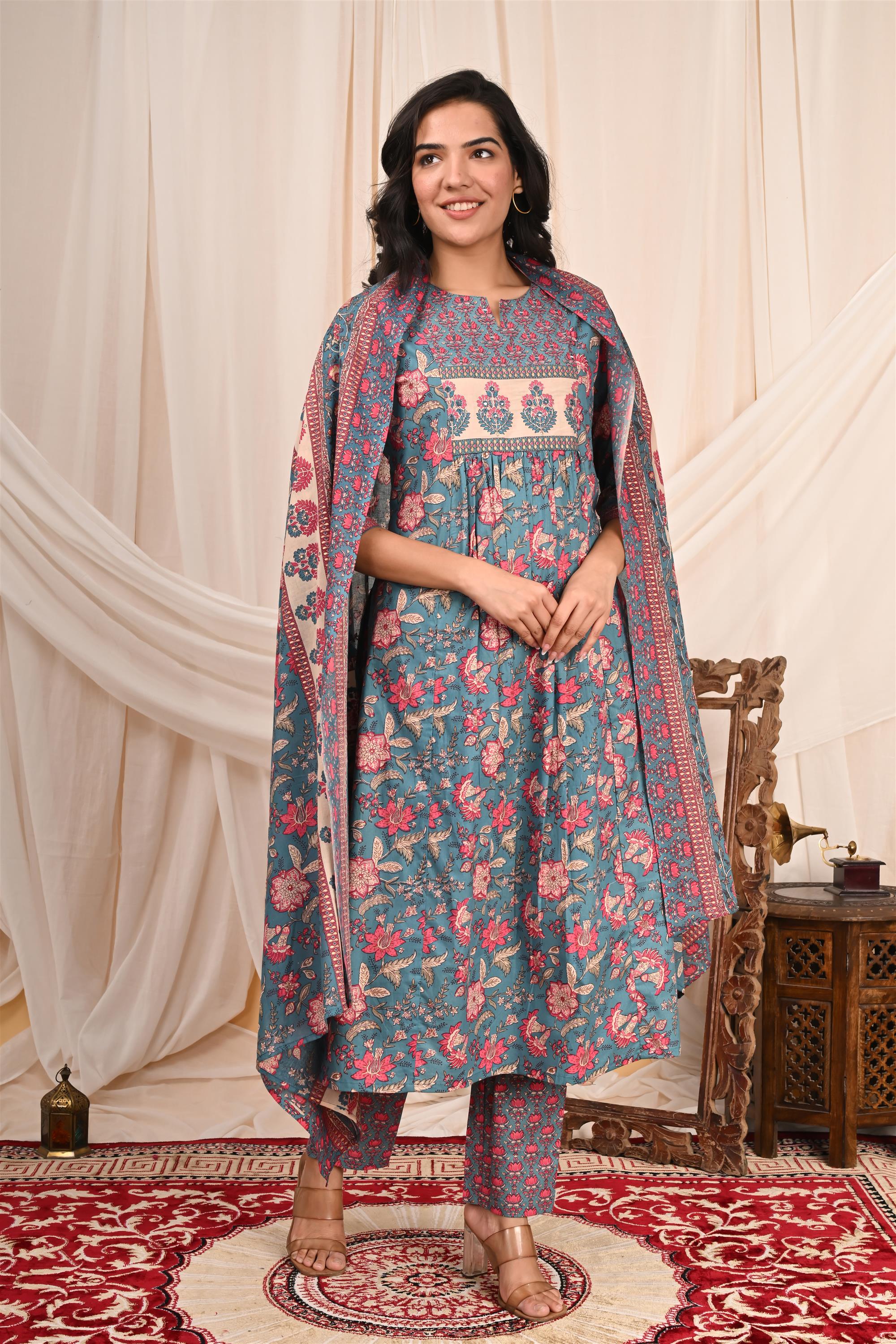 Kalpana Chamak Blue-Green Handprinted Suit Set – Phool Booti